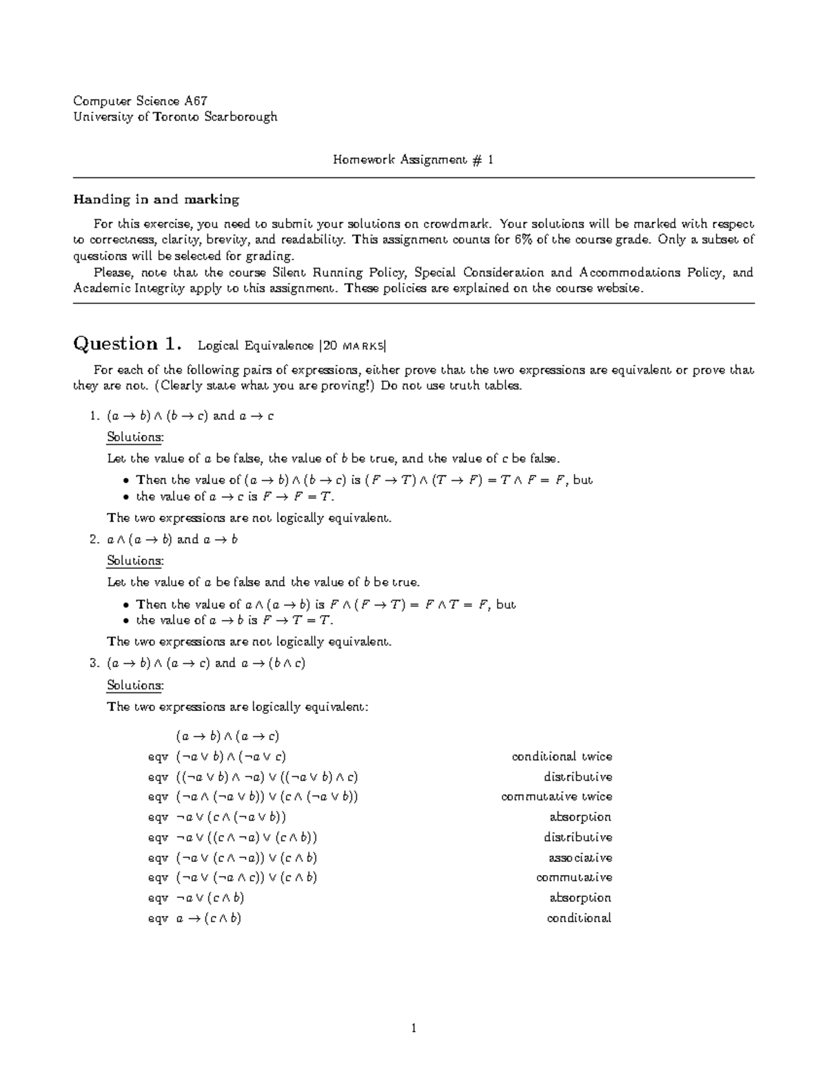 CSCA67 Homework Assignment 1 Solutions - Logical Equivalence - Studocu
