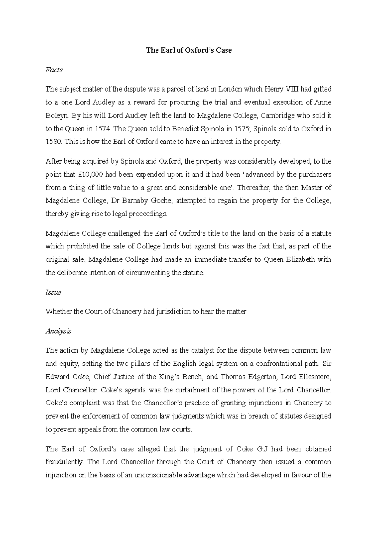 Earl of Oxford's Case: Jurisdiction & Equity Analysis in Law - Studocu