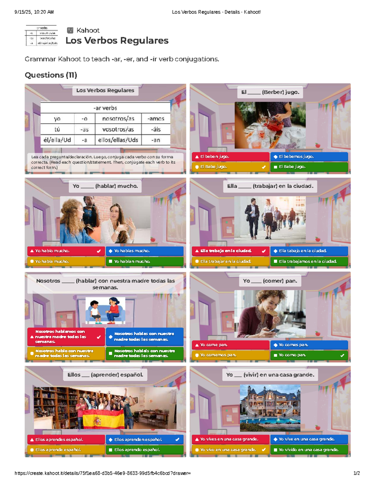 Los Verbos Regulares - Kahoot Details & Conjugation Practice - Studocu