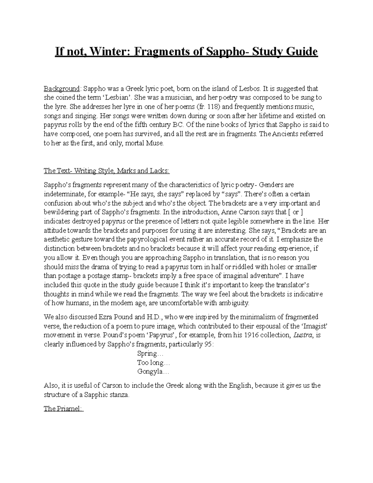 Sappho's Fragments: A Study Guide for LIT 301 Analysis - Studocu