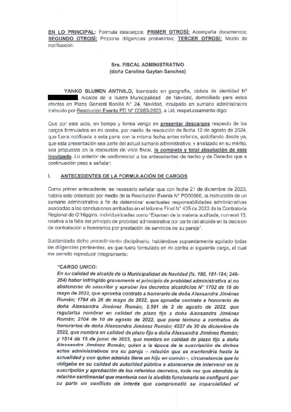 Descargos Administrativos de Yanko Blumen Antivilo - Sumario 2024 - Studocu