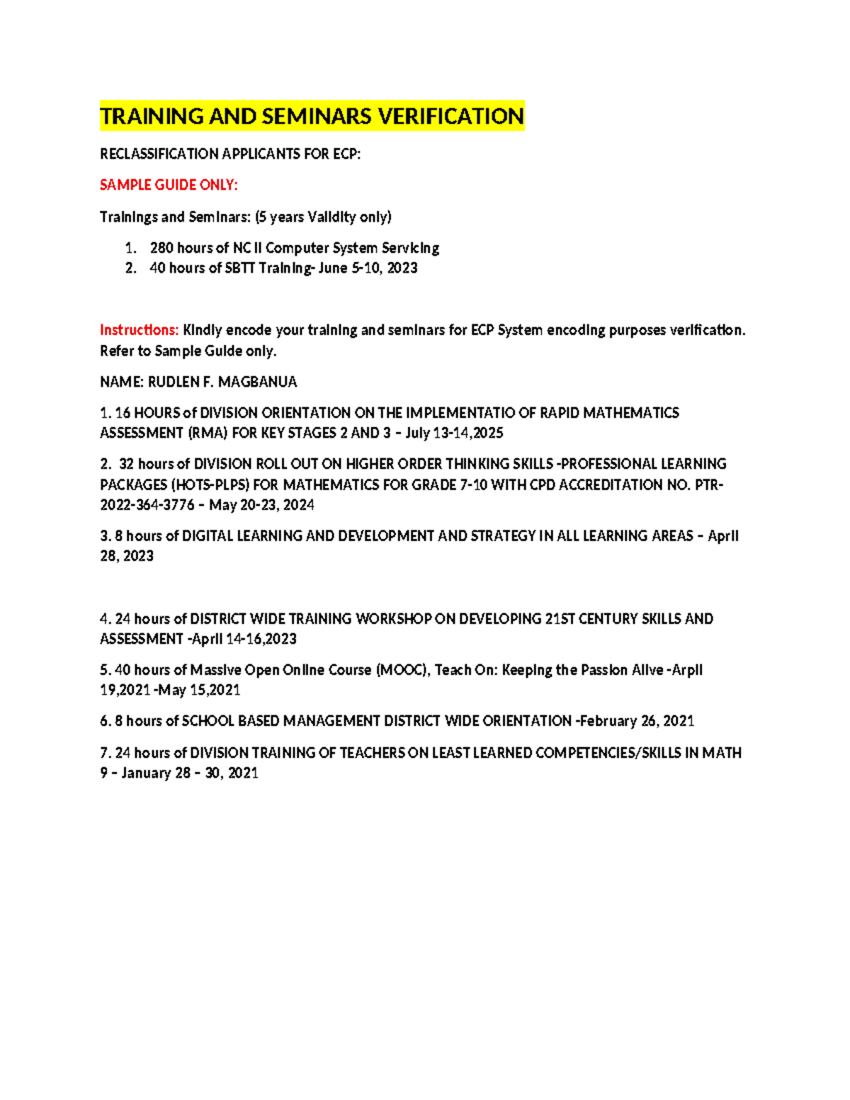 ECP Training & Seminars Verification Guide for Applicants - Studocu