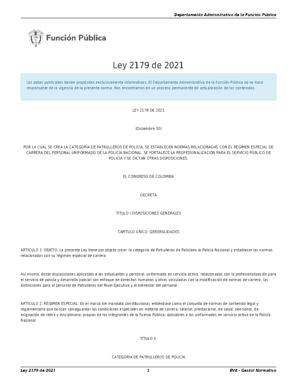 Ley 2179 de 2021: Normas para Patrulleros de Policía en Colombia - Studocu