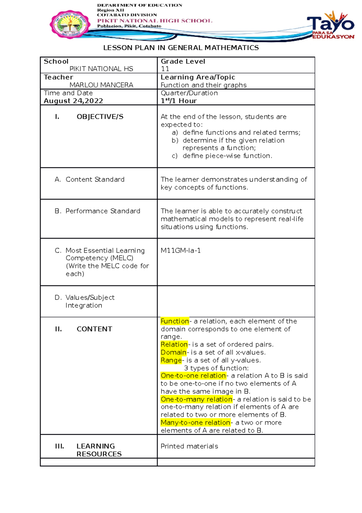 1 - lesson plan for gen math grade 11 - LESSON PLAN IN GENERAL ...
