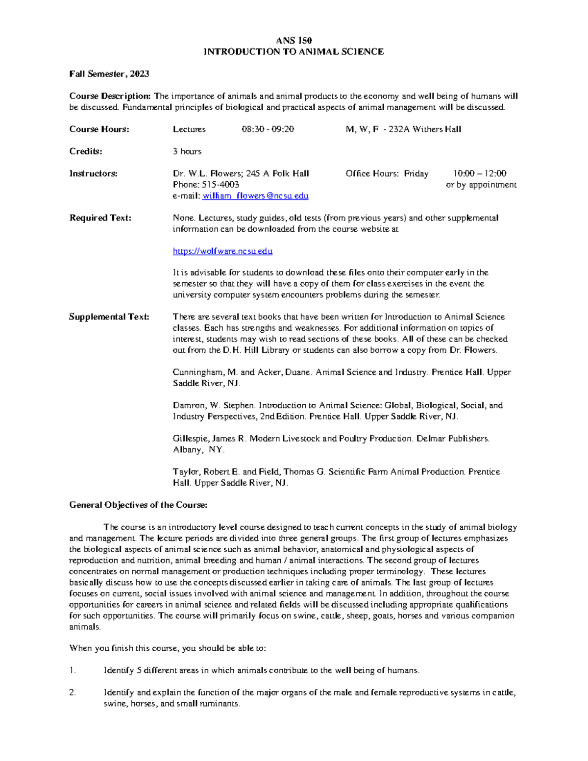 ANS150 Fall 2023 Syllabus: Introduction to Animal Science Overview ...