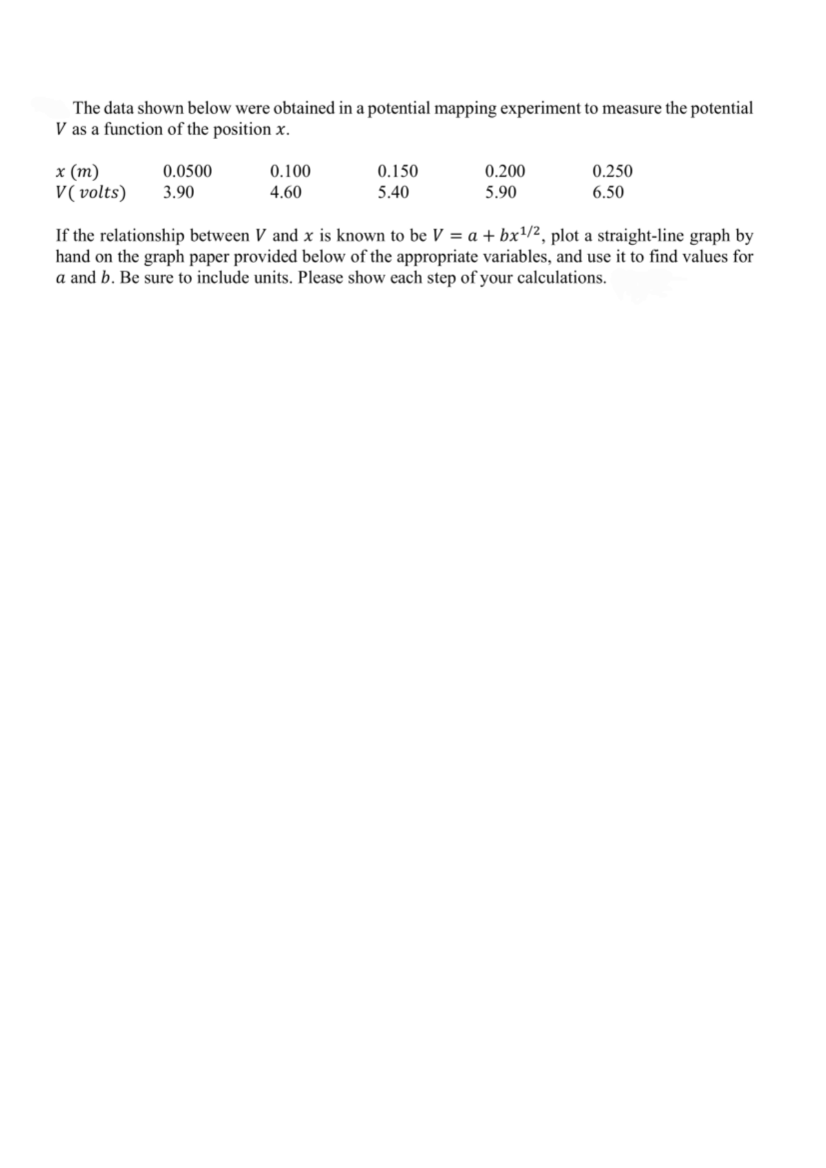 Physics - Naa - PHYS 1401 - The data shown below were obtained in a ...