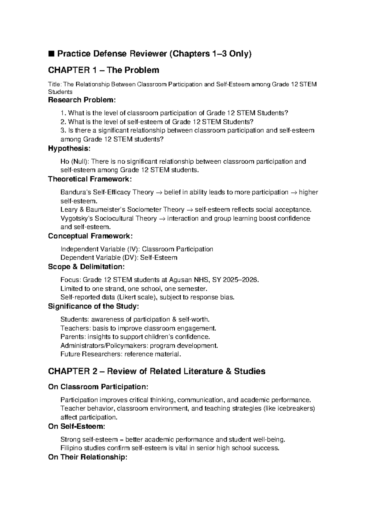 Practice Defense Reviewer: Classroom Participation & Grade 12 STEM ...