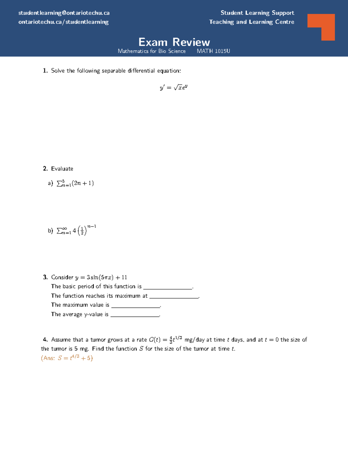 MATH 1015U - Exam Review: Differential Equations & Functions - Studocu