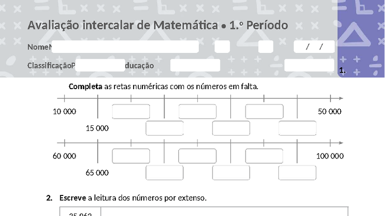 Avaliação Intercalar de Matemática - 1.º Período - Studocu