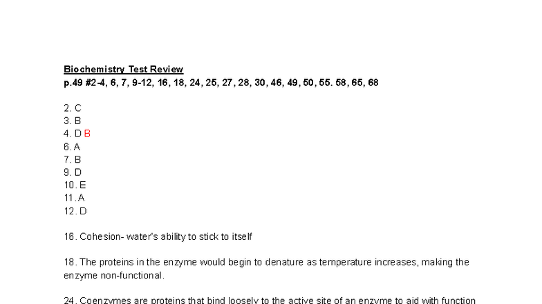 SBI4U Biochemistry Test Review: Key Concepts & Answers - Studocu