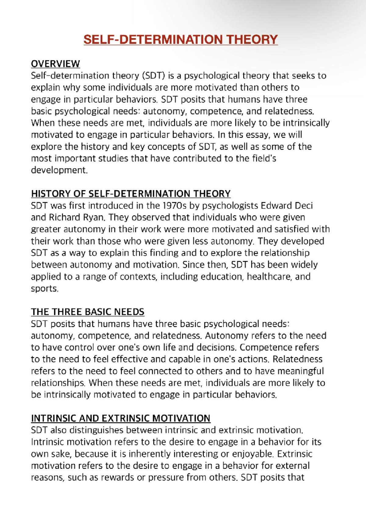 Self-Determination Theory Notes for Better Learning Concepts - Studocu