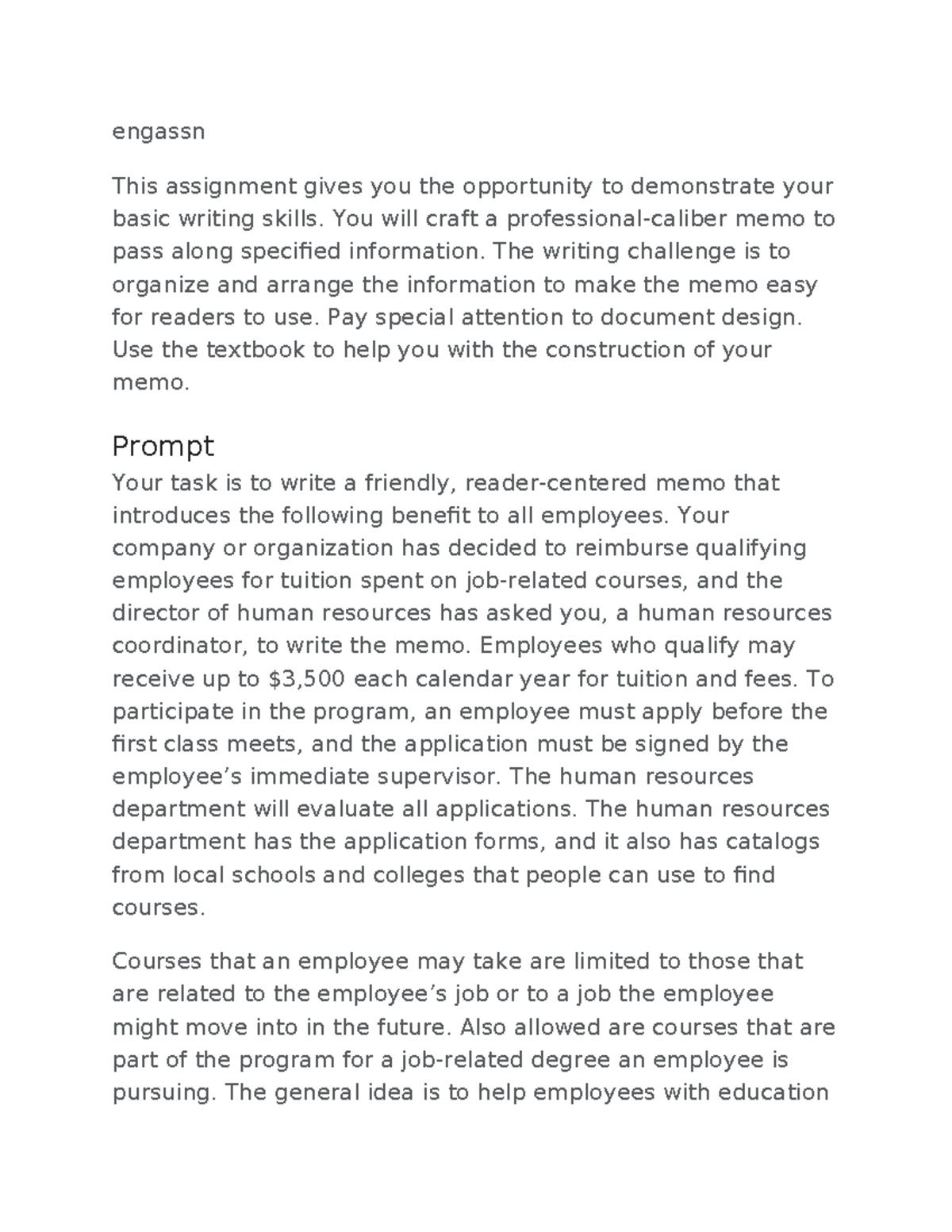 ENGASSN - Memo Writing Assignment on Tuition Reimbursement Program ...