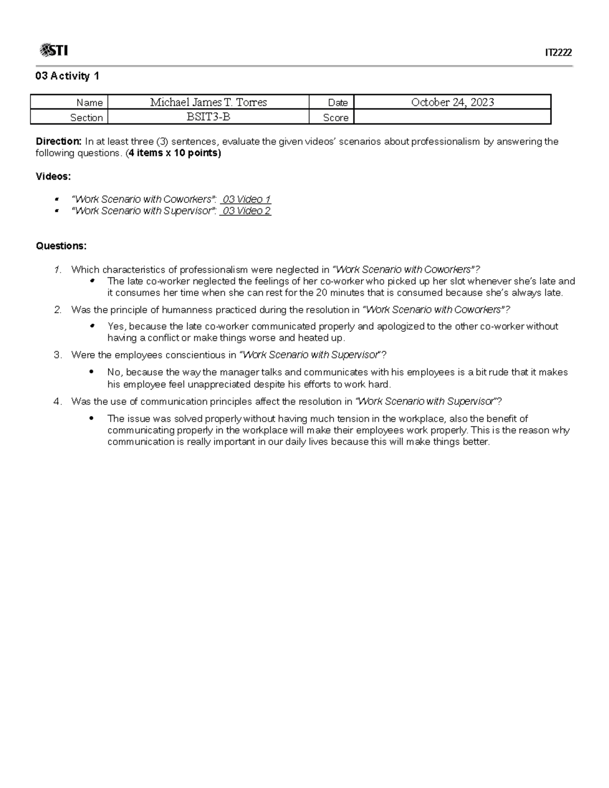03 Activity 14 - Evaluating Professionalism in Work Scenarios - Studocu