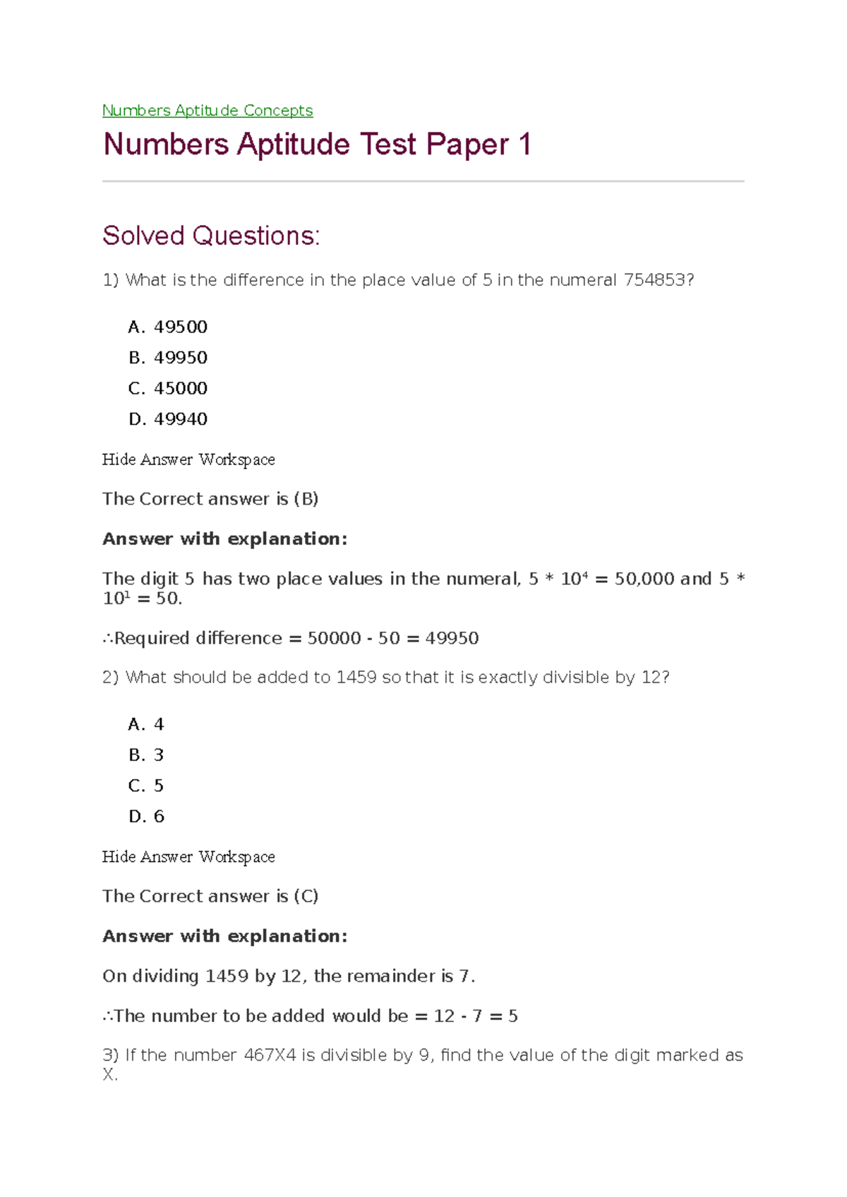 Numbers Aptitude Test Paper 1: Solved Questions and Explanations - Studocu
