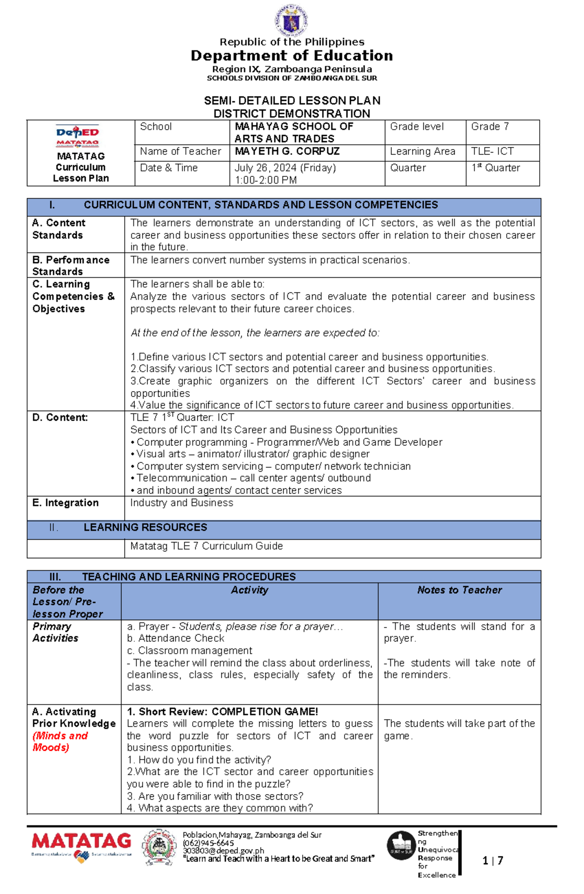 TLE 7 ICT Q1 WK1L1 - Detailed Lesson Plan on ICT Sectors and Careers ...