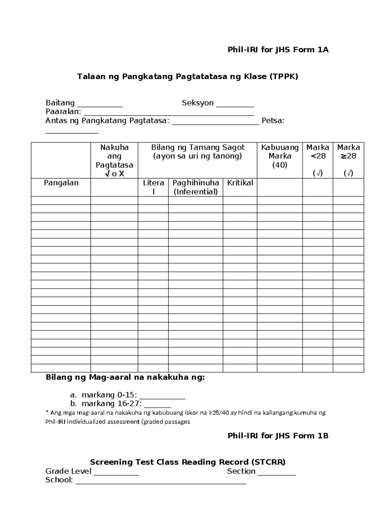 Phil-IRI Form for JHS Grade 1 - Reading Assessment Tool - Studocu