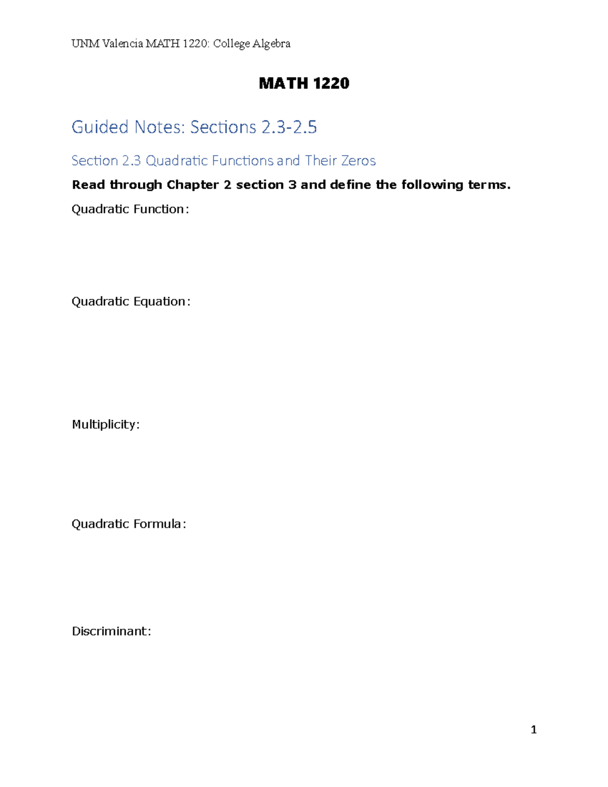 UNM Valencia MATH 1220: College Algebra Guided Notes on Quadratic ...