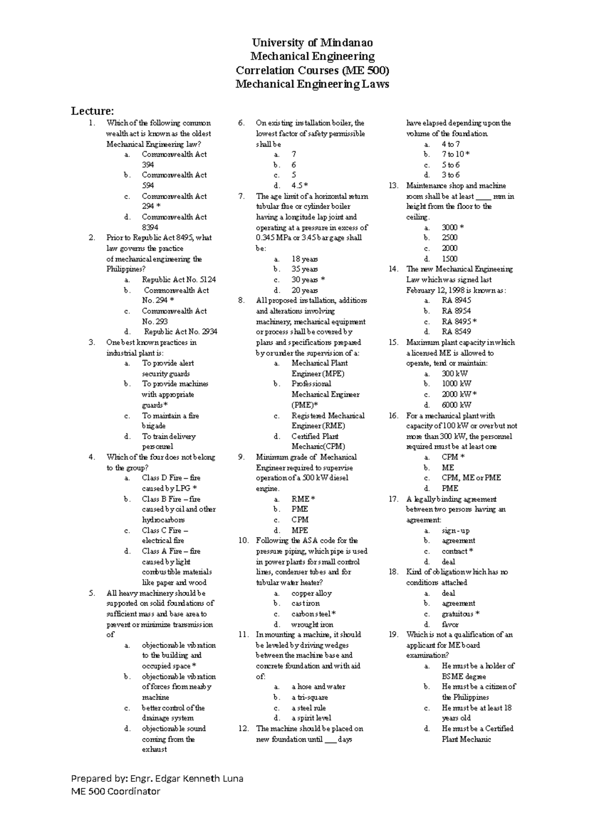 University of Mindanao ME 500 Mechanical Engineering Laws Lecture Notes ...