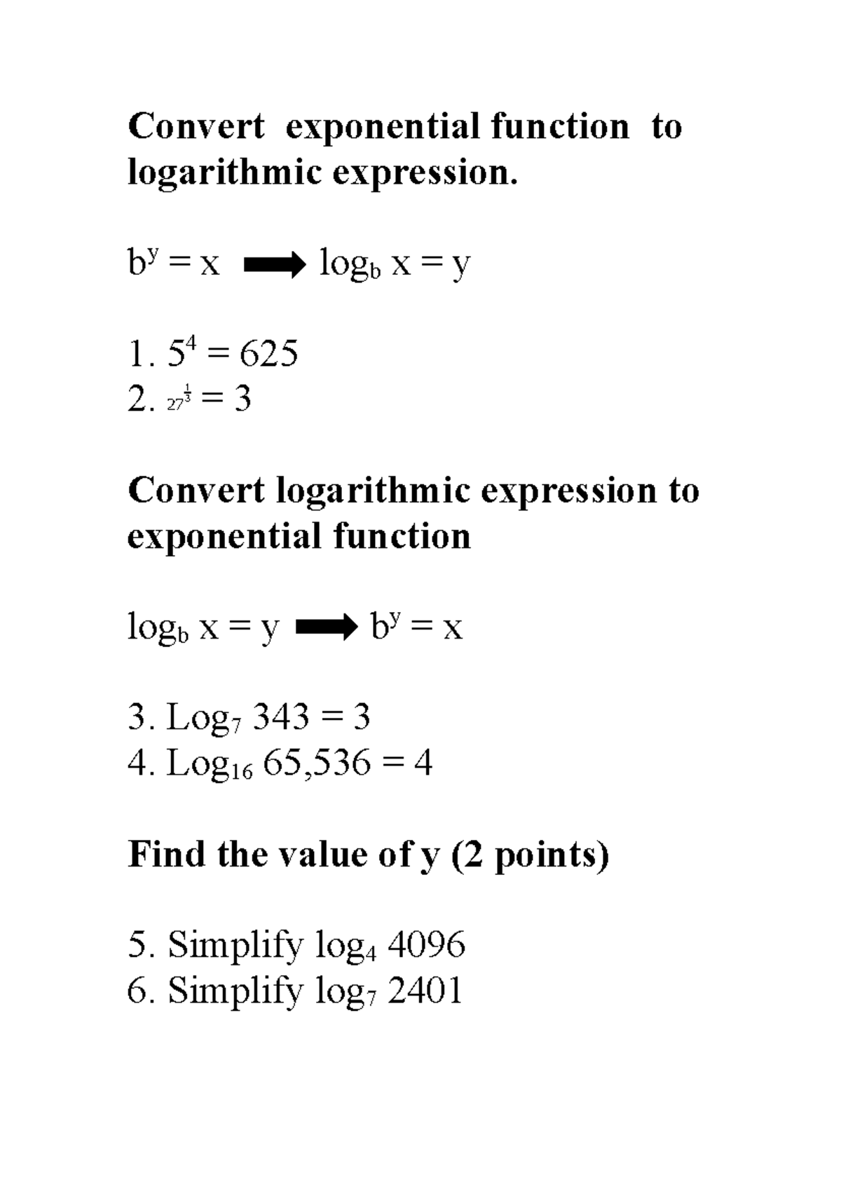 Convert exponential function to logarithmic expr - BACHELOR OF ...