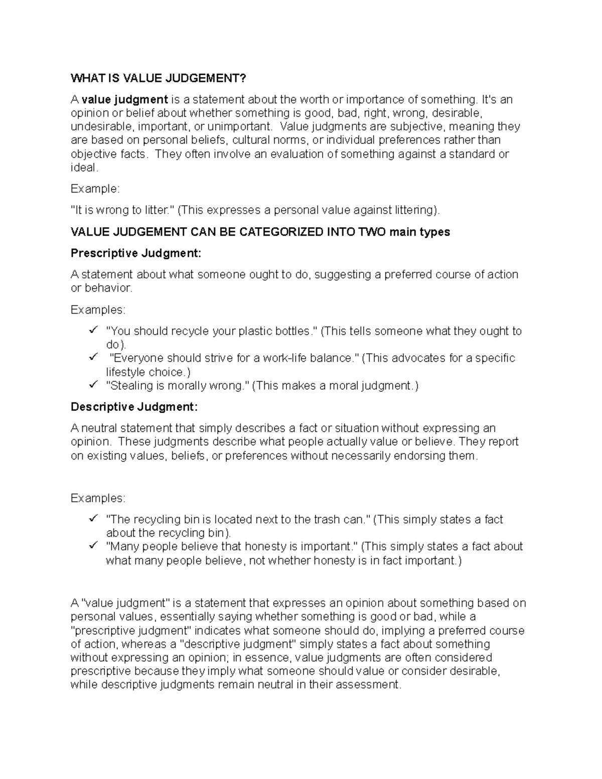 Grade 9 - Understanding Value Judgments: Types and Examples - Studocu