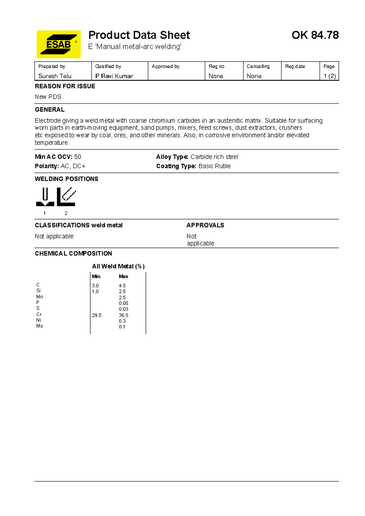 PDS for OK 84.78 - Manual Metal-Arc Welding Product Data Sheet - Studocu