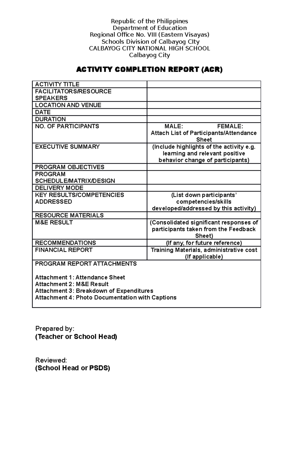 ACR-Format: Template for Activity Completion Report (ACR) - Studocu