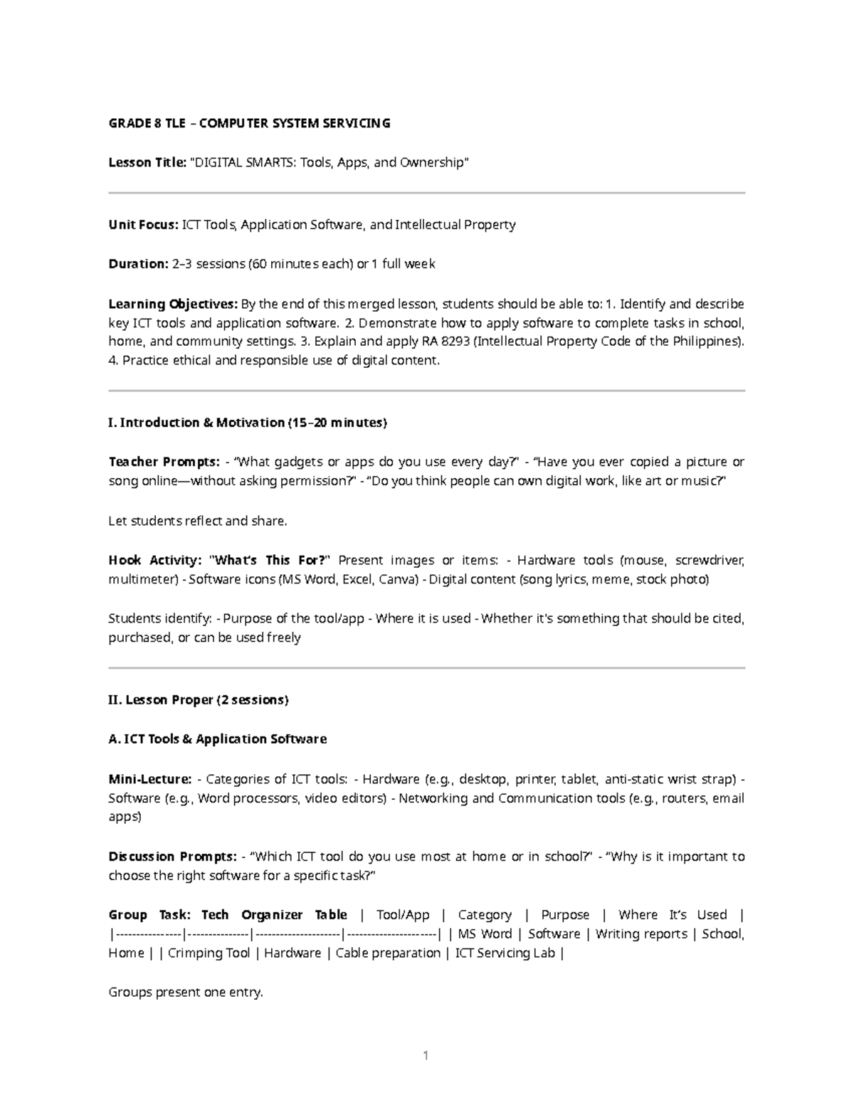 GRADE 8 TLE COMPUTER SYSTEM SERVICING Lesson: Digital Smarts on ICT ...