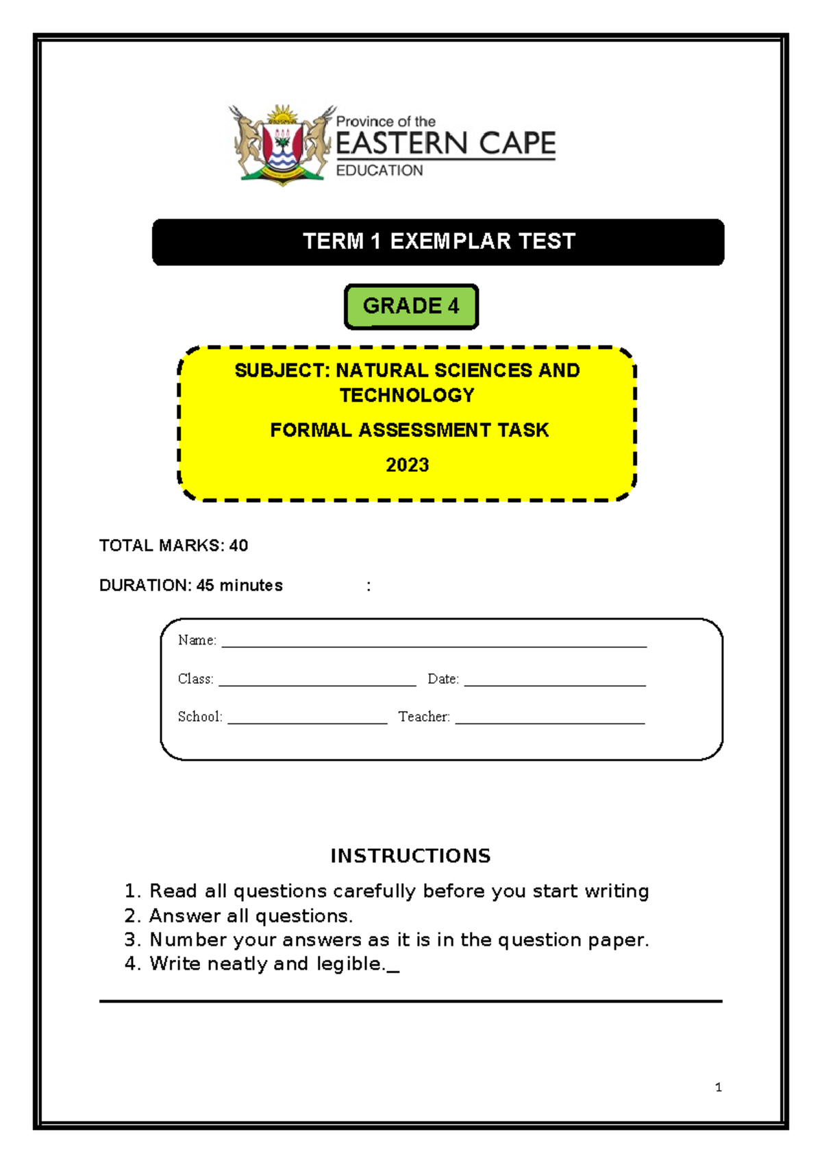 Grade 4 Natural Sciences & Tech Term 1 Test 2023 (Total Marks: 40 ...