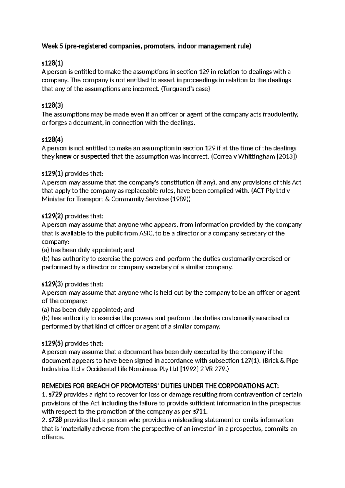 Week 5: Companies, Promoters, and Indoor Management Rules (s128-132 ...