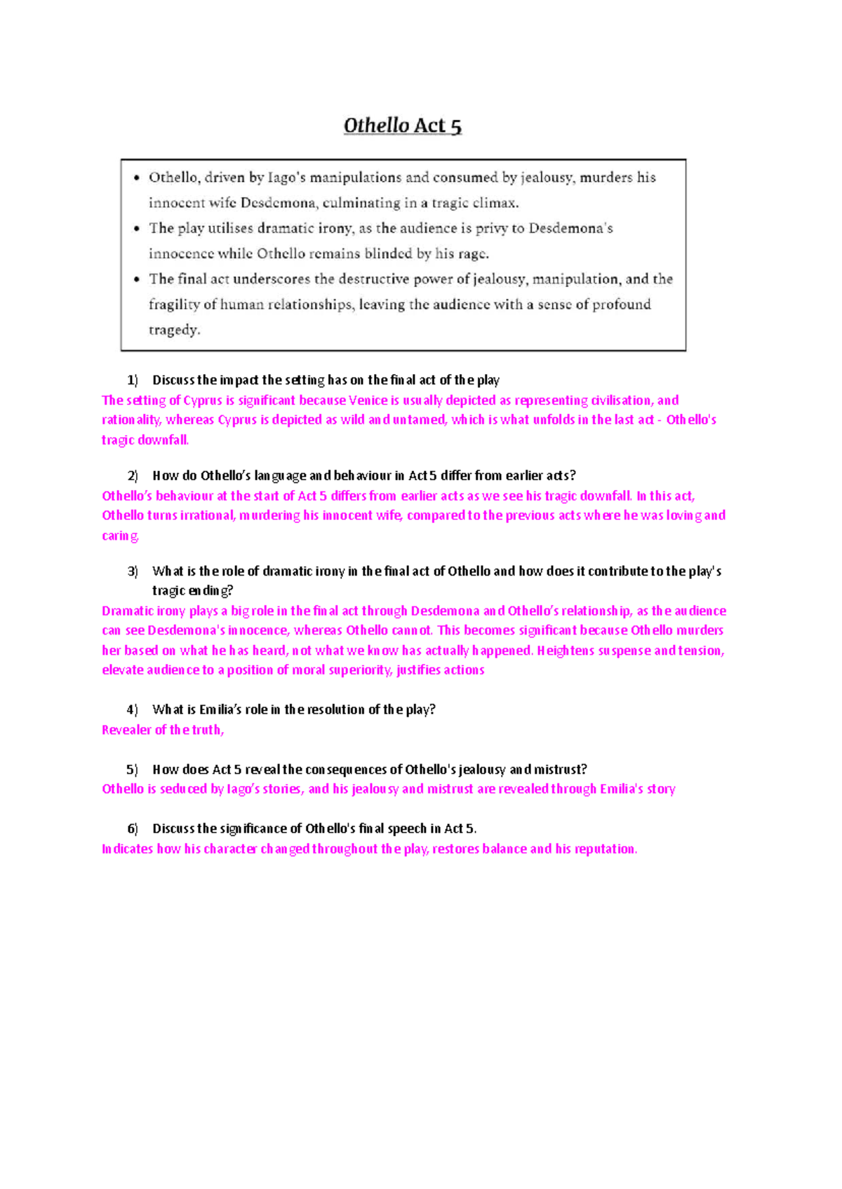 Othello (ENG 201) Act 5 Analysis: Setting, Irony, and Tragic Downfall ...