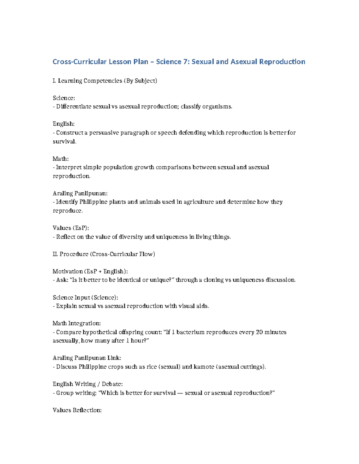 Cross Curricular Lesson Plan: Science 7 Reproduction Techniques - Studocu