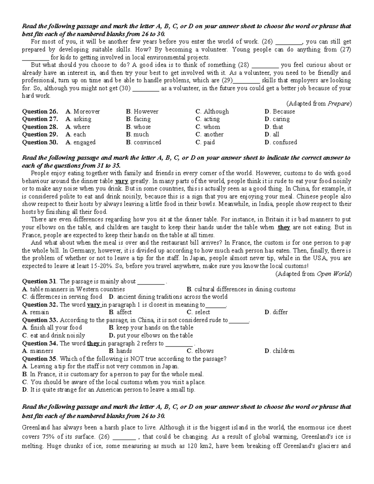 Course Code 45 - Reading Practice: Multiple Choice Questions - Studocu