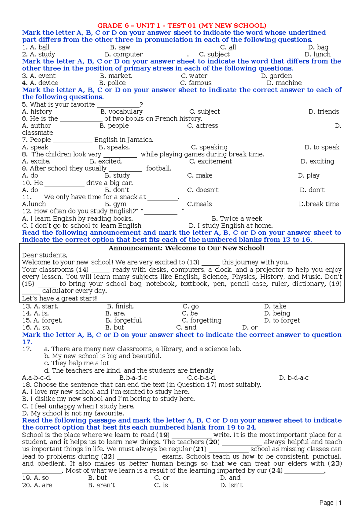 GRADE 6 UNIT 1 TEST 01 (MY NEW SCHOOL) Practice Test - Studocu