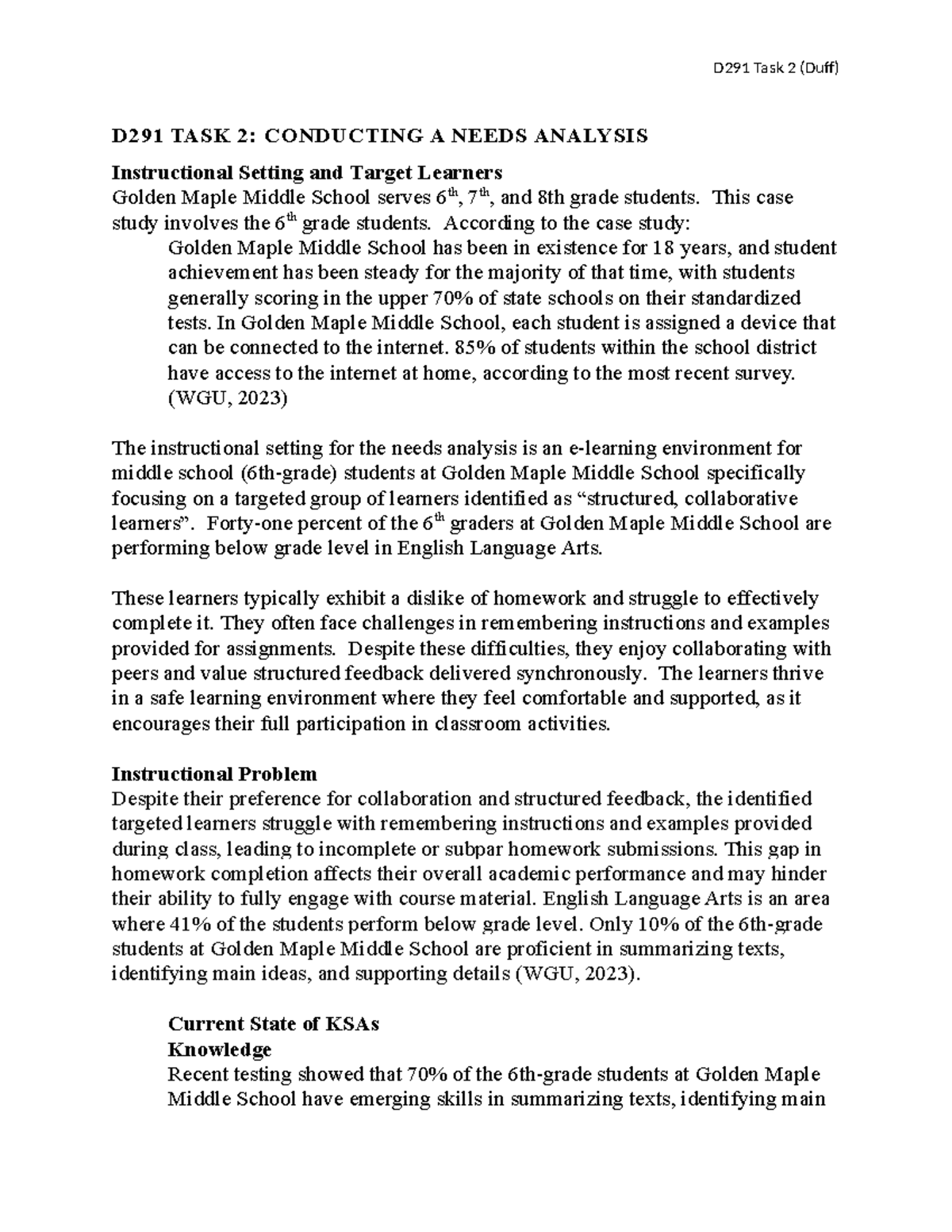 D291 Task 2 - Needs Analysis for 6th Grade English Learners - Studocu