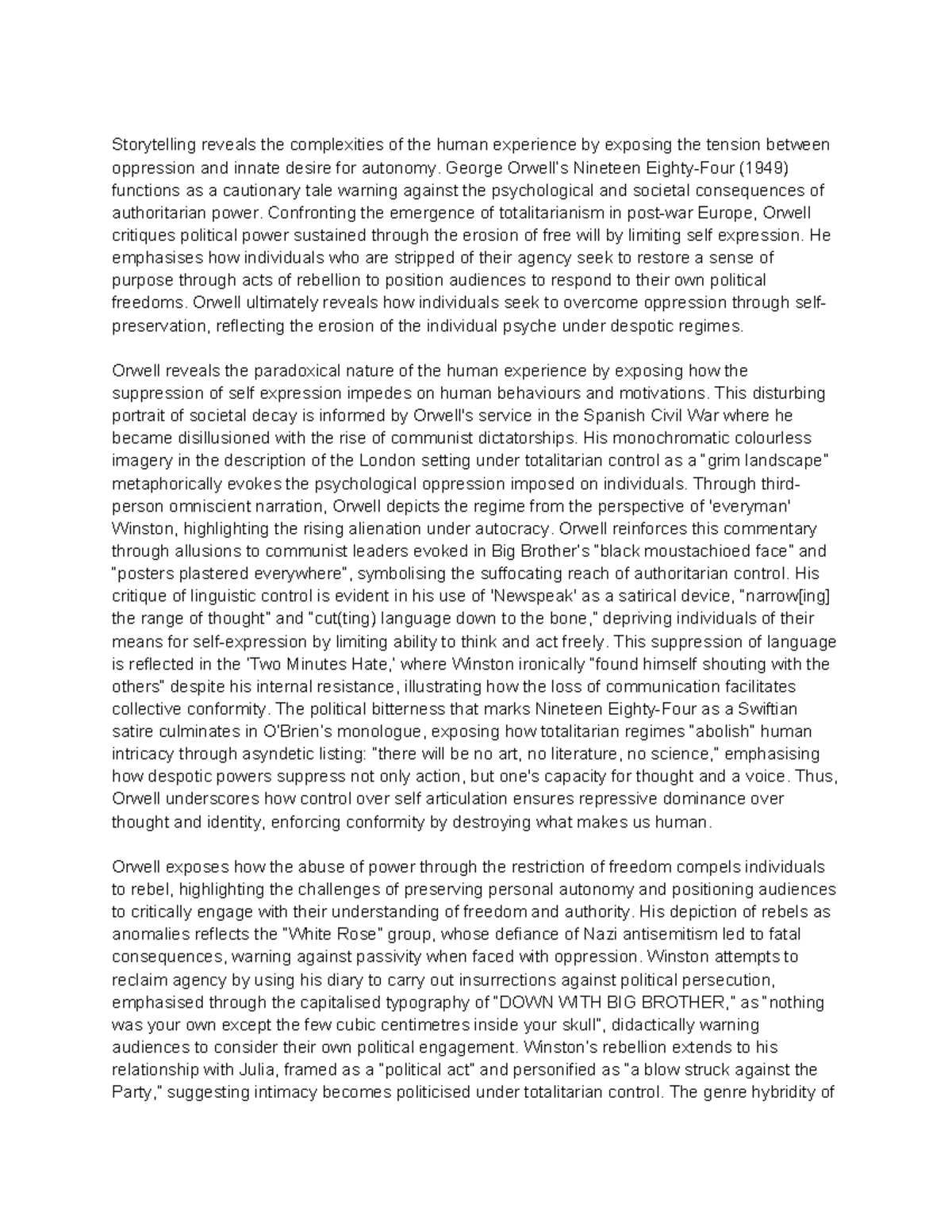 20/20 ENG 1984 Essay: The Struggle for Autonomy in Orwell's Dystopia ...