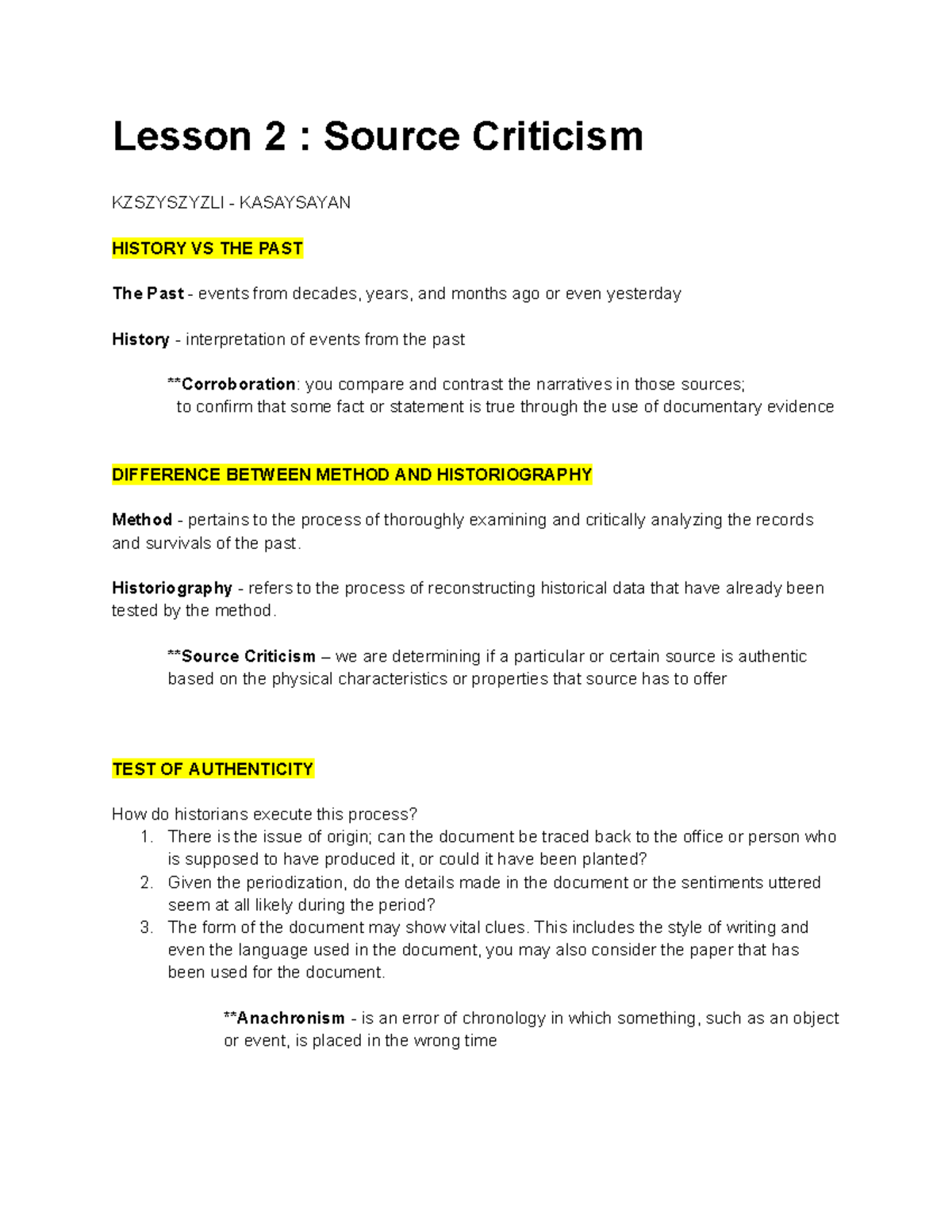 Lesson 2: Source Criticism in KZSZYSZYZLI - KASAYSAYAN History - Studocu