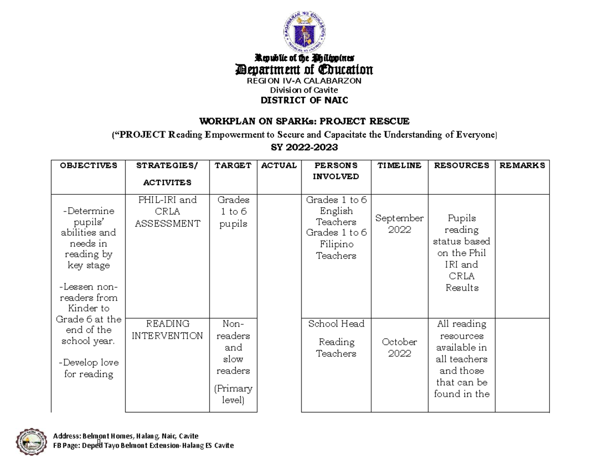 Spark- Workplan - TEACHING CARRER - Address: Belmont Homes, Halang ...