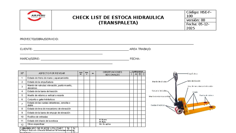 CHECK LIST DE ESTOCA HIDRAULICA HSE-F-100 - Studocu