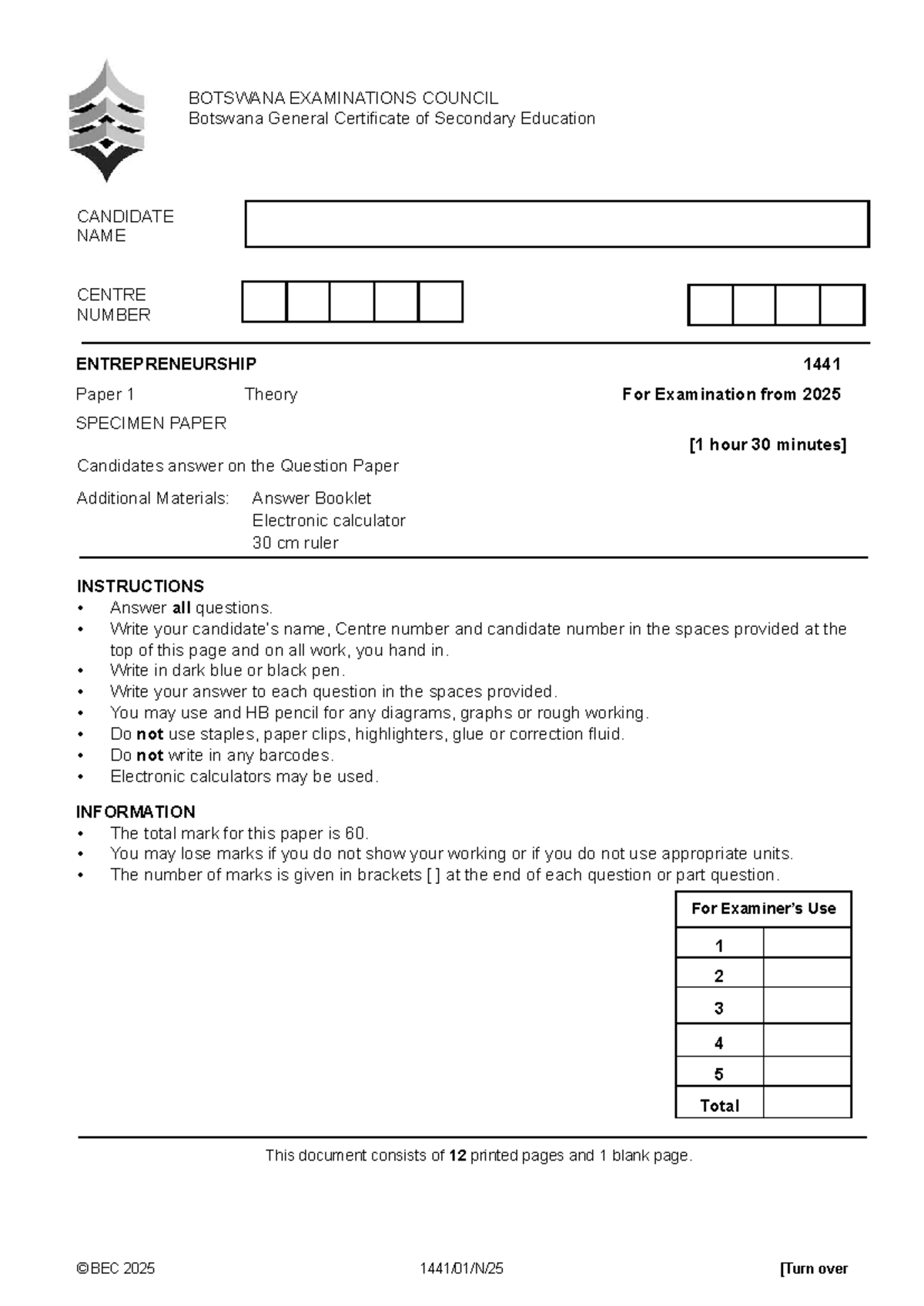 1441 Entrepreneurship Specimen Paper for BGCSE 2025 Exam - Studocu