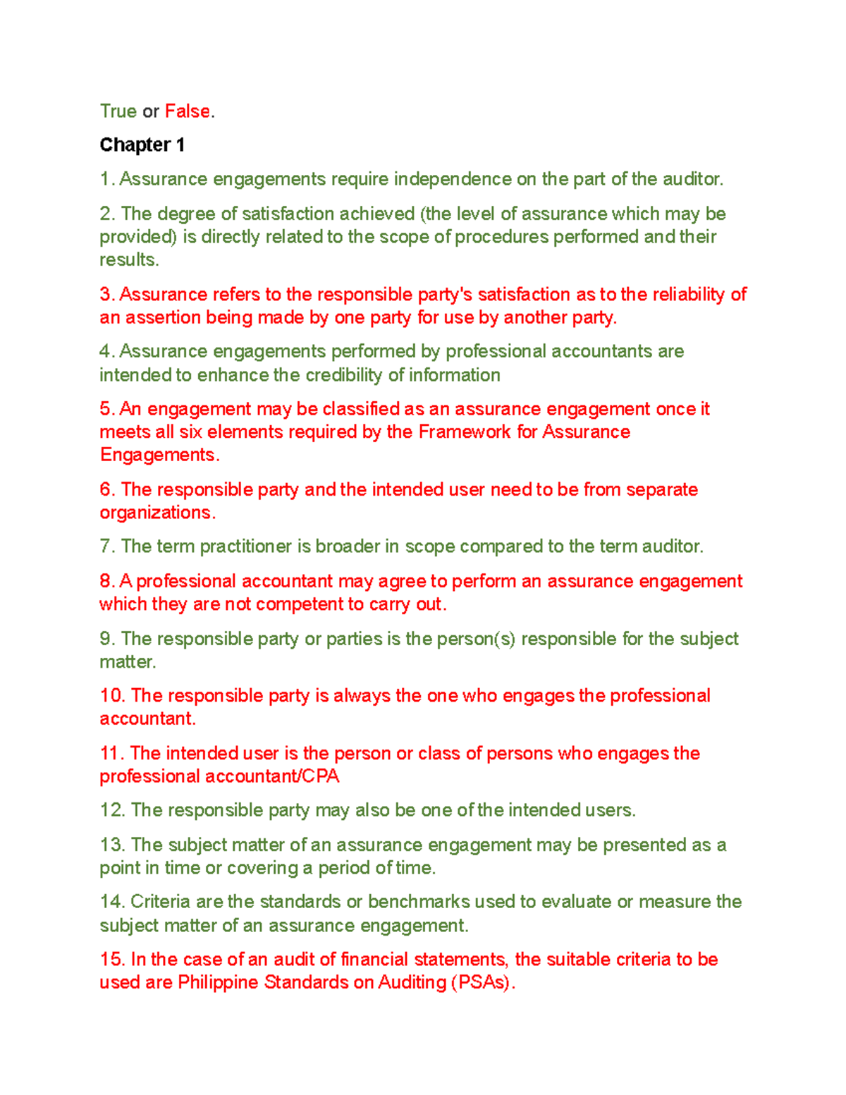 Auditing & Assurance Principles (ACC 101) True/False - Chapter 1 - Studocu