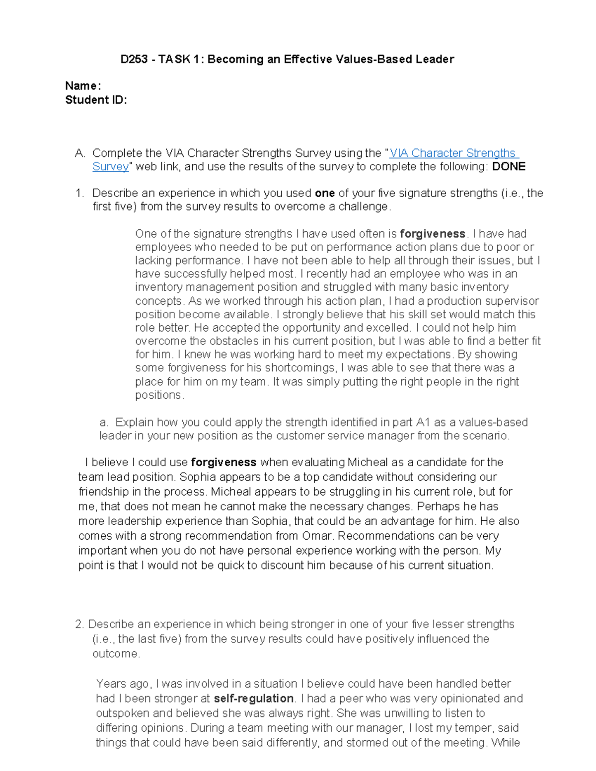 D253 v4 - RSM3 Task 1: Values-Based Leadership Insights - Studocu