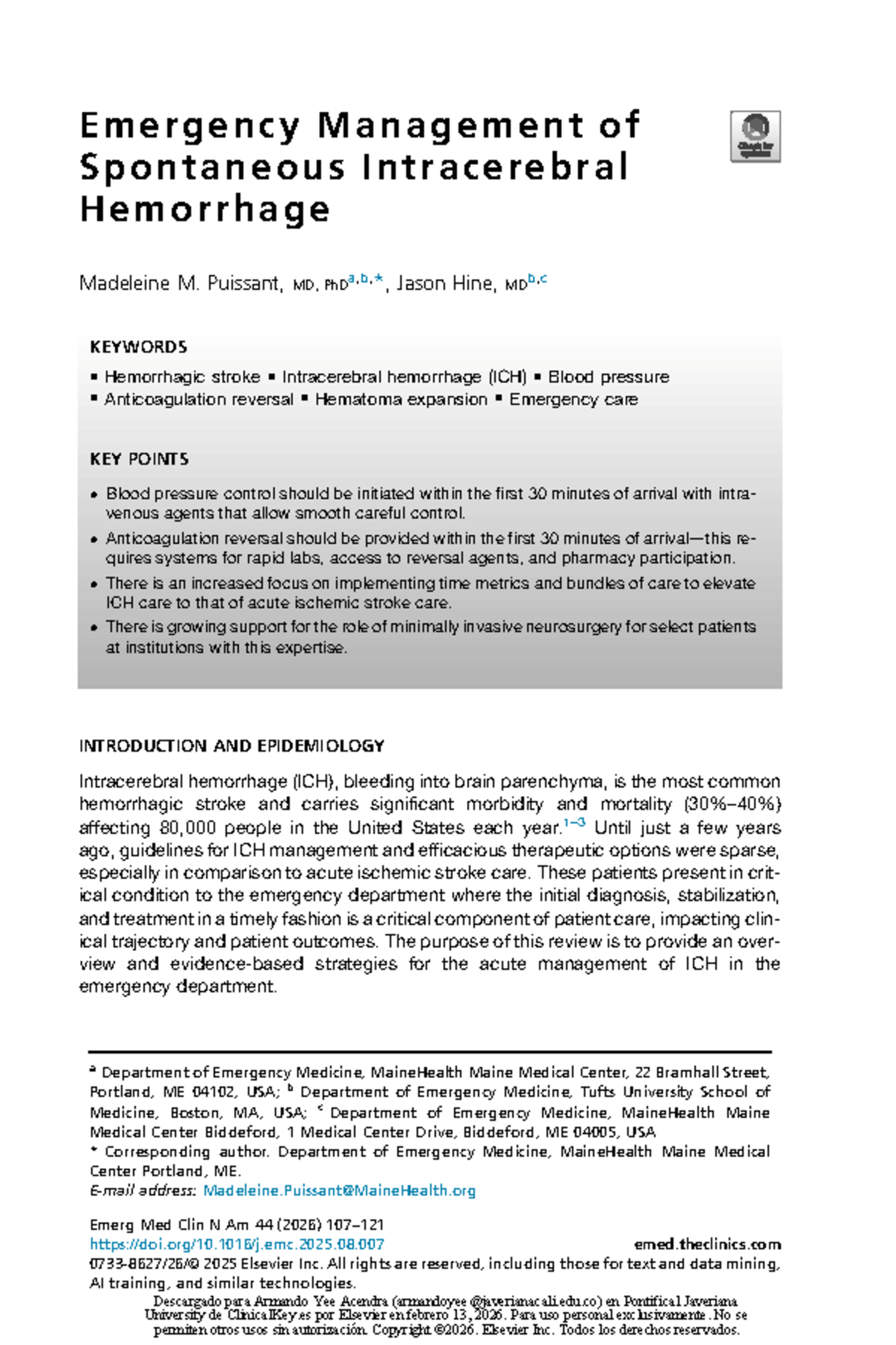 Emergency Management of Spontaneous Intracerebral Hemorrhage: Key ...