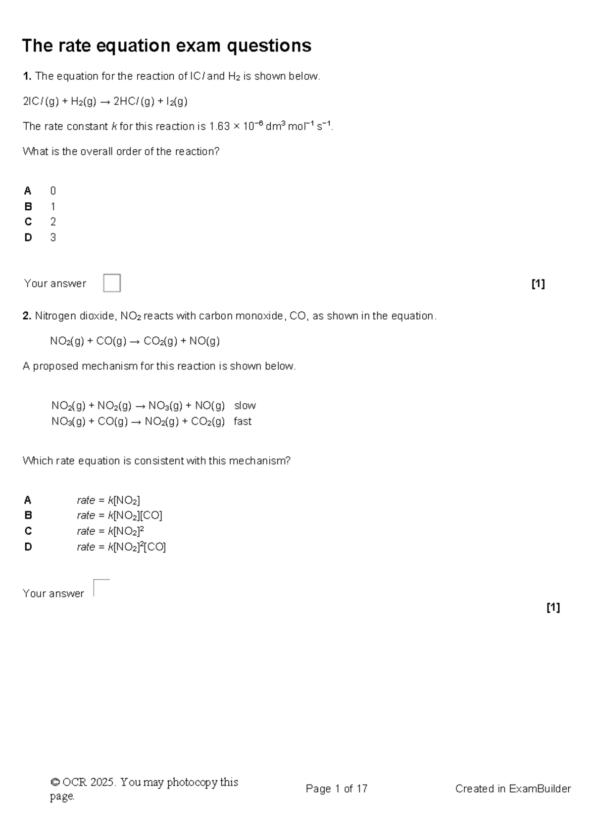 OCR 2025 Rate Equation Exam Questions and Mechanisms - Studocu