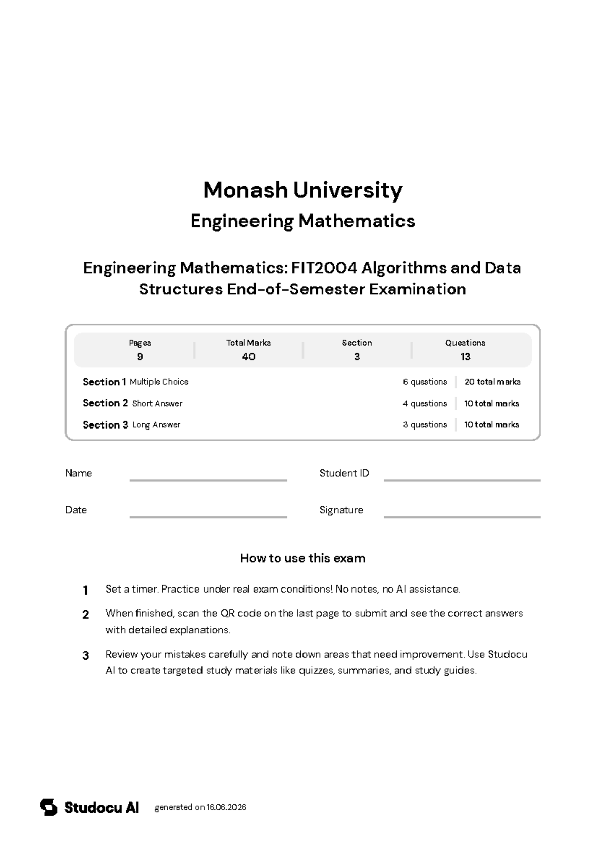 FIT2004 Engineering Mathematics Final Exam - Studocu