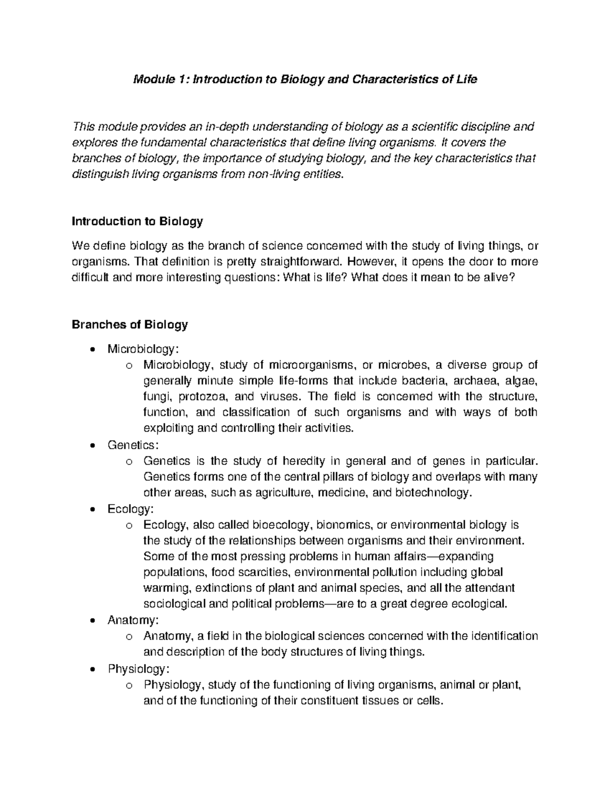 Module 1: Intro to Modern Biology & Characteristics of Life - Studocu