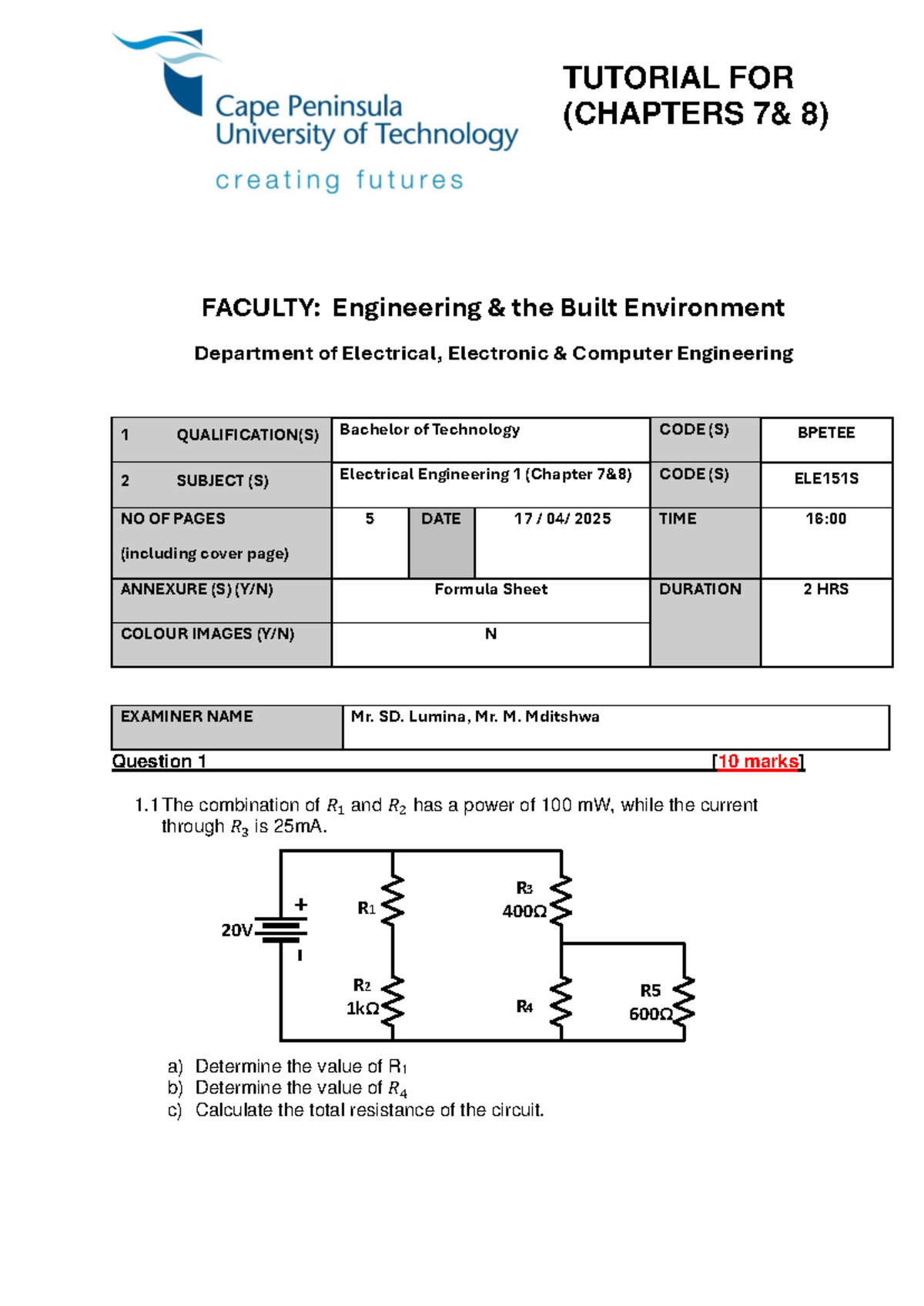 Tutorial for Chapters 8 & 9 - Electrical Engineering (ELE151S) - Studocu