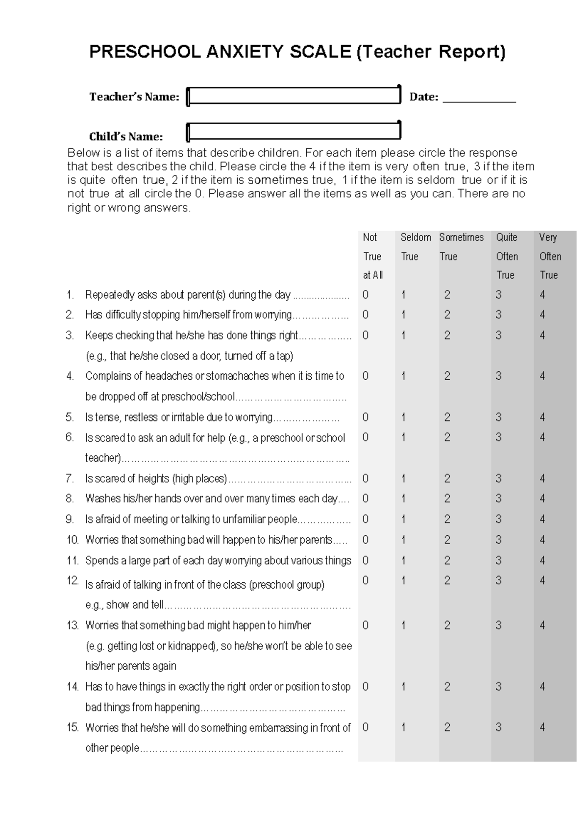 PRESCHOOL ANXIETY SCALE (Teacher Report) - Dbp Spence - Studocu