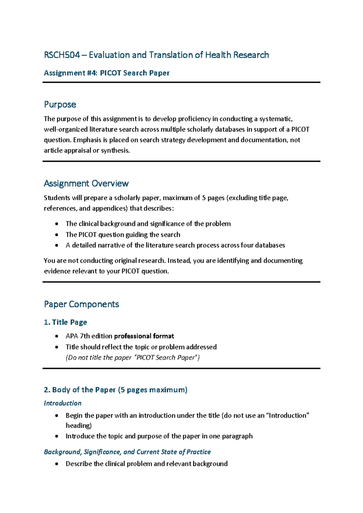 RSCH504 PICOT Search Paper: Systematic Literature Review Assignment ...