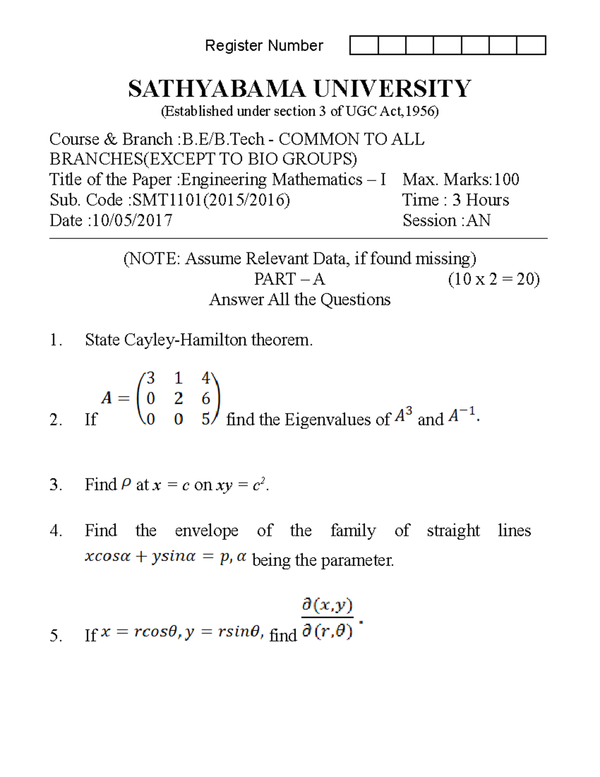 Engineering Maths I - SMT1101 Question Papers & Solutions - Studocu