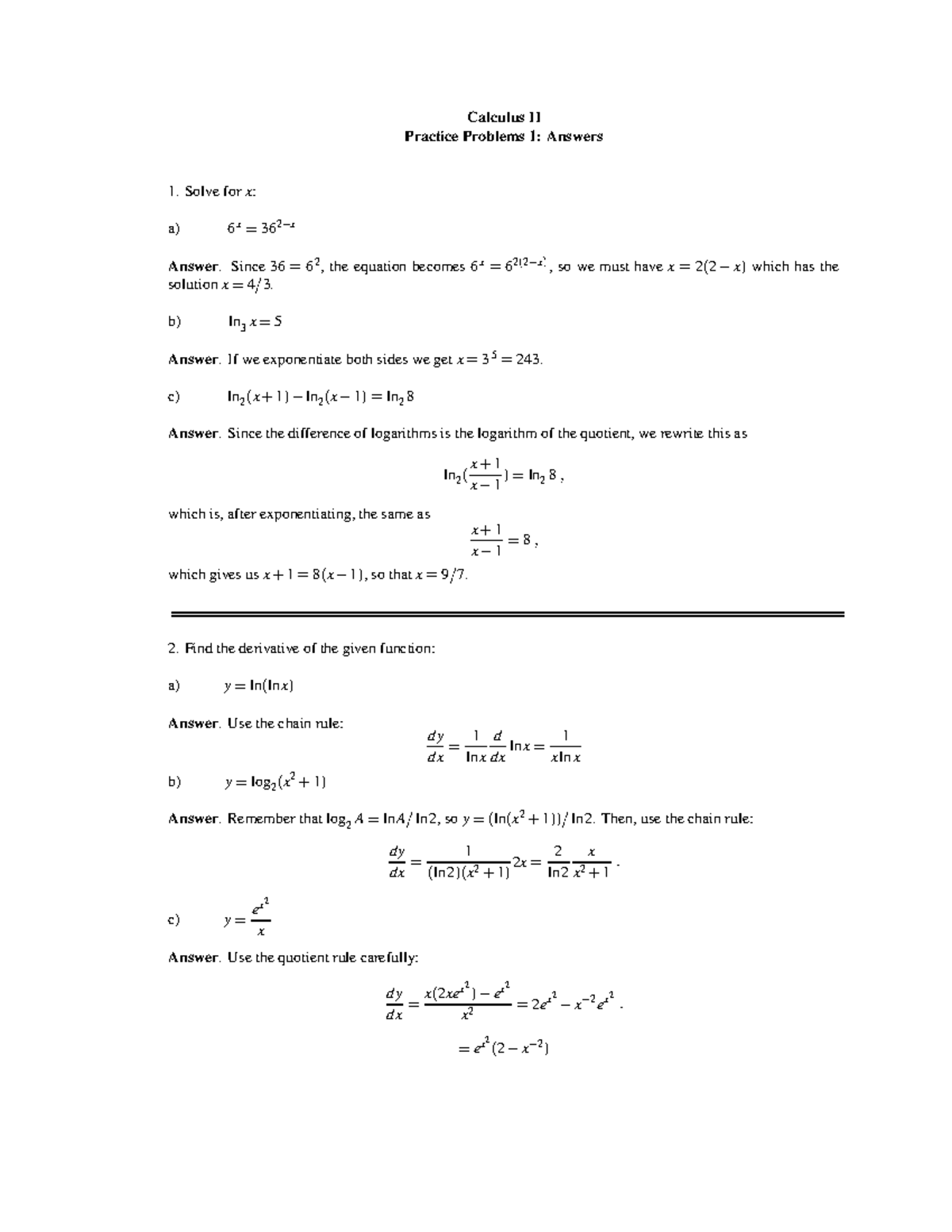 Calculus II Practice Questions with Answers - Calculus II Practice Problems 1: Answers 1. Solve ...